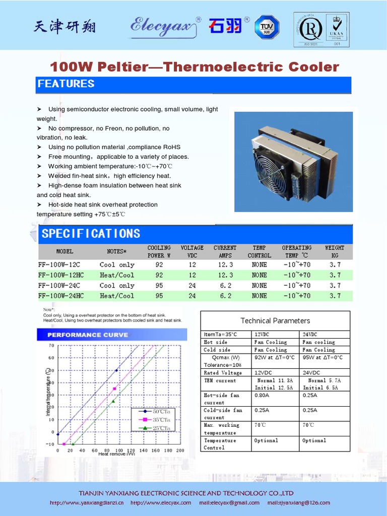 100W Peltier-Thermoelectric Cooler: Technical Parameters | PDF