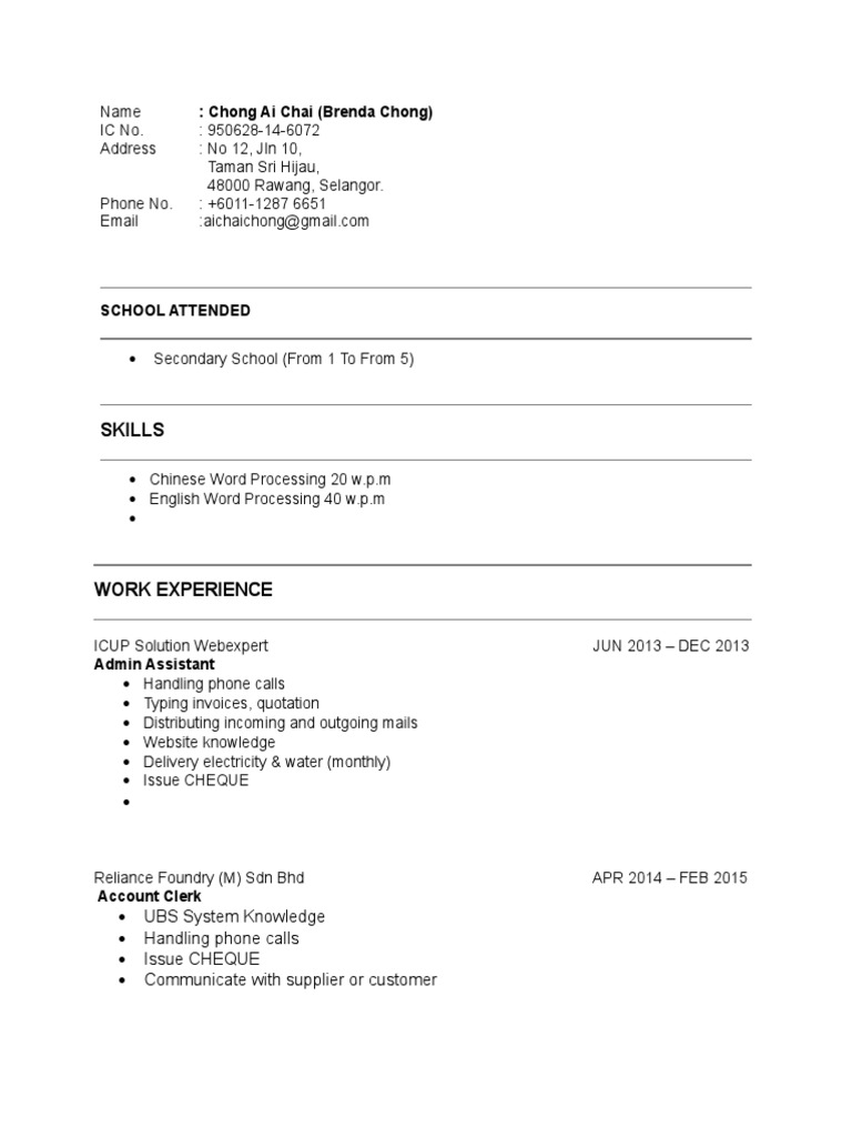 Skills:: Chong Ai Chai (Brenda Chong) | PDF