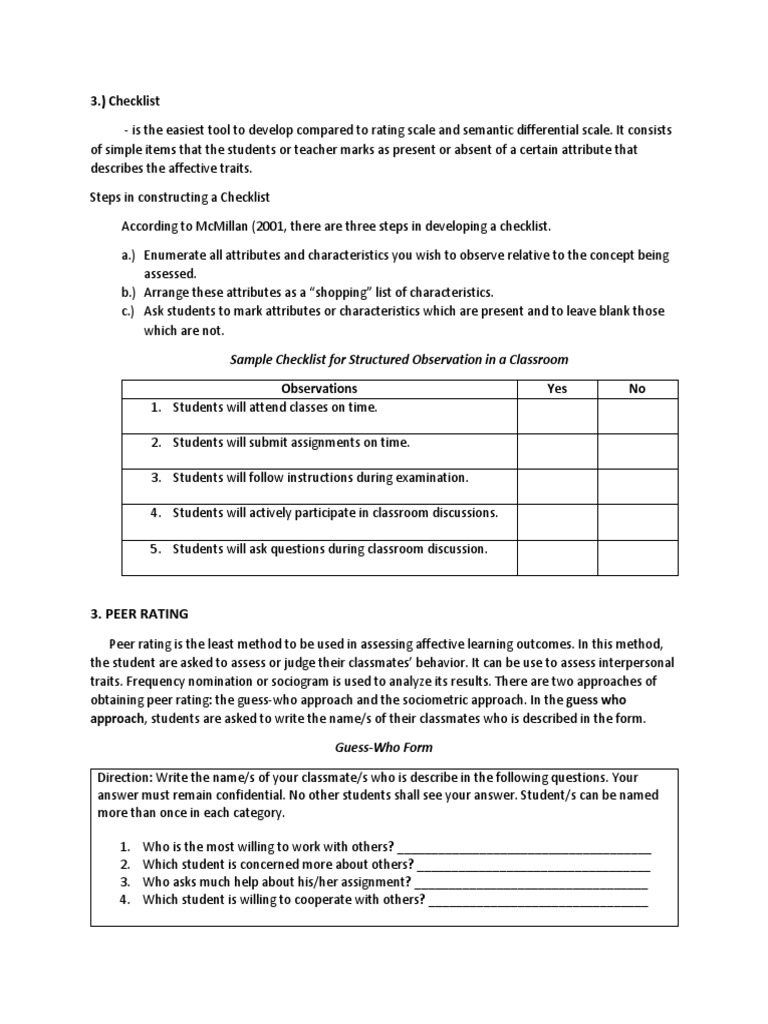 3.) Checklist: Sample Checklist For Structured Observation in A ...
