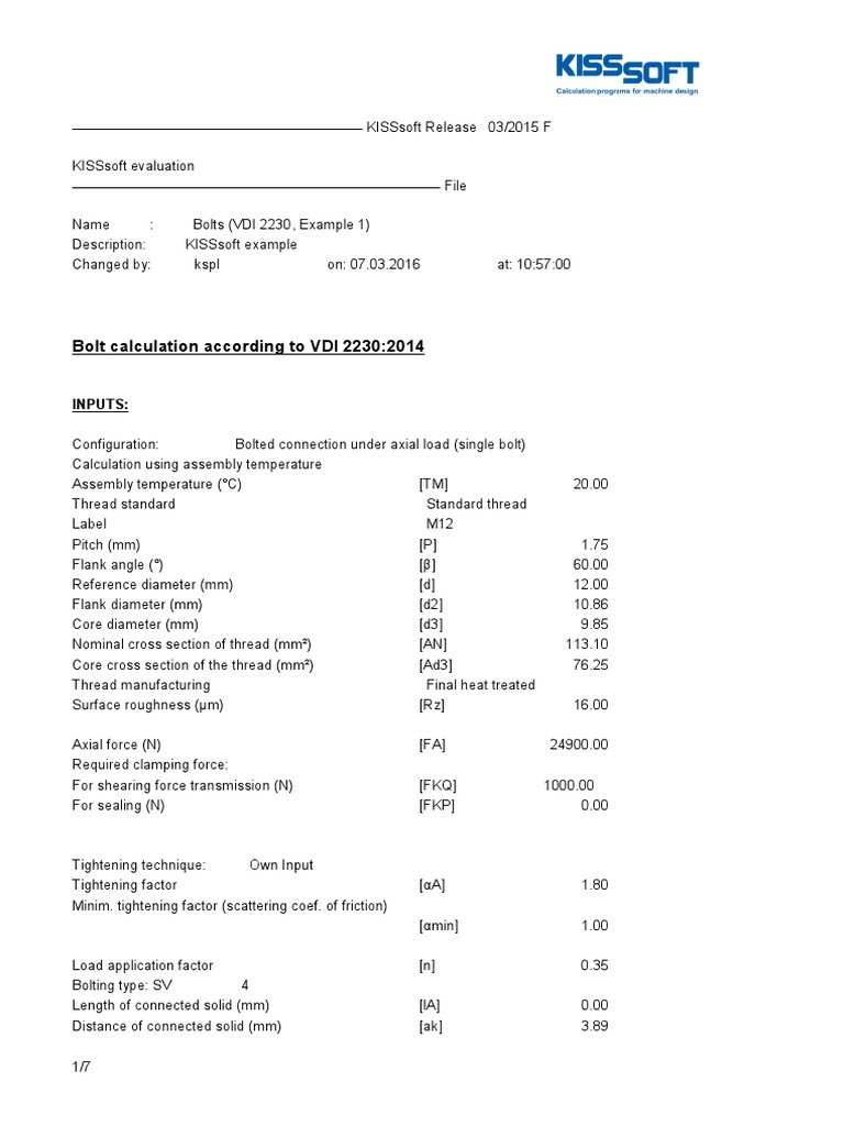 Bolt Calculation According To VDI 2230:2014: Inputs | PDF | Screw | Nut ...
