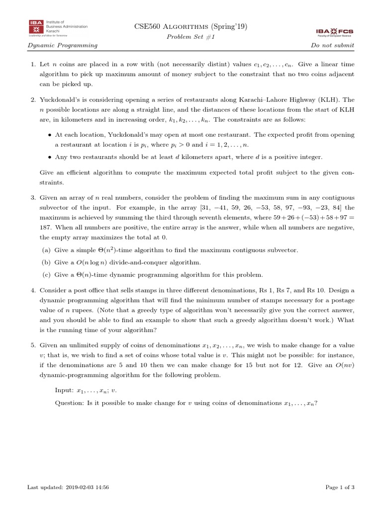 Algorithms Practice Questions | PDF | Dynamic Programming | Matrix (Mathematics)