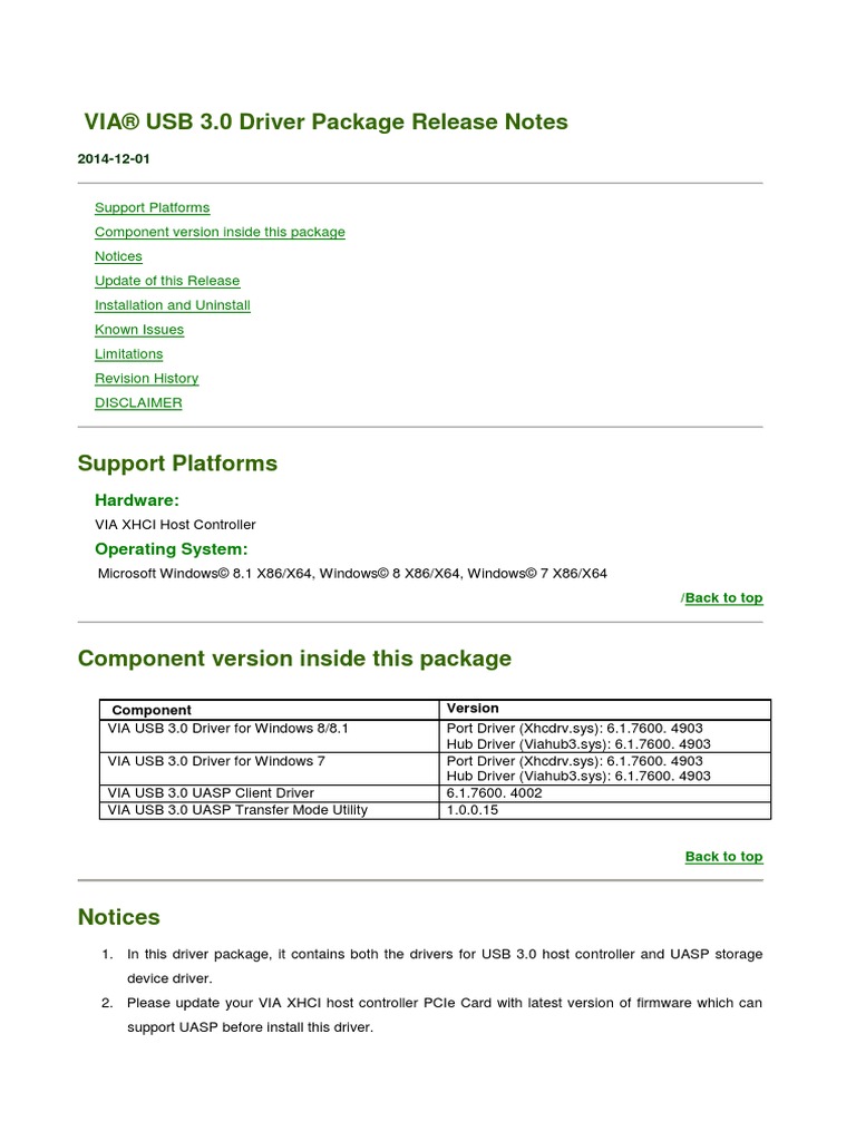 Via USB 3.0 Driver Package Release Notes V4.90A | PDF | Usb | Device Driver
