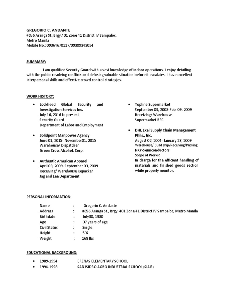Gregorio C. Andante: Resume for a Security Guard with Extensive Experience in Warehouse and ...