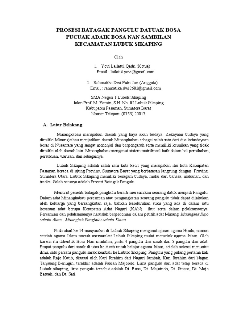 Prosesi Batagak Pangulu Datuak Bosa Pucuak Adaik Bosa Nan Sambilan | PDF