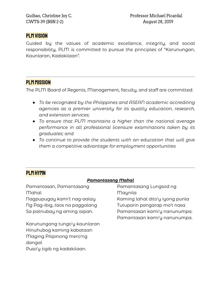 PLM Vision Mission Hymn | PDF | Academia | Educational Stages