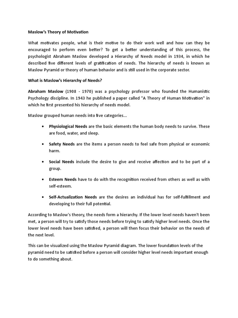 Maslow's Theory of Motivation | PDF