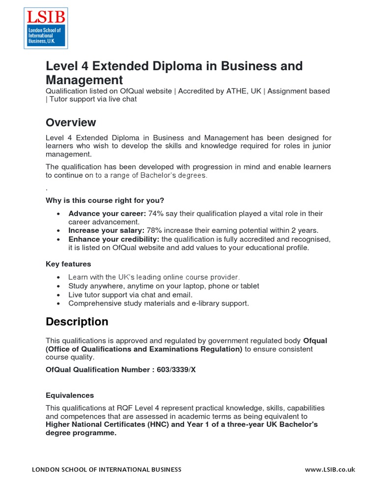 Level 4 Extended Diploma in Business and Management | PDF | Diploma ...