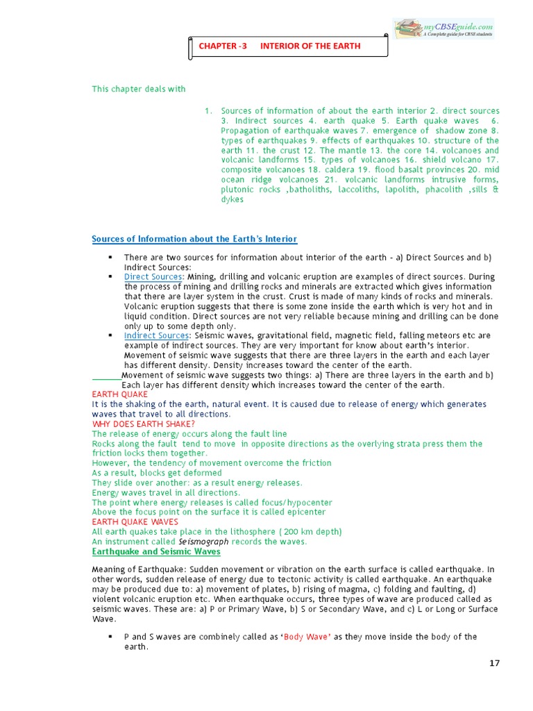 11 Geography Notes 03 Interior of The Earth | PDF | Earthquakes | Volcano