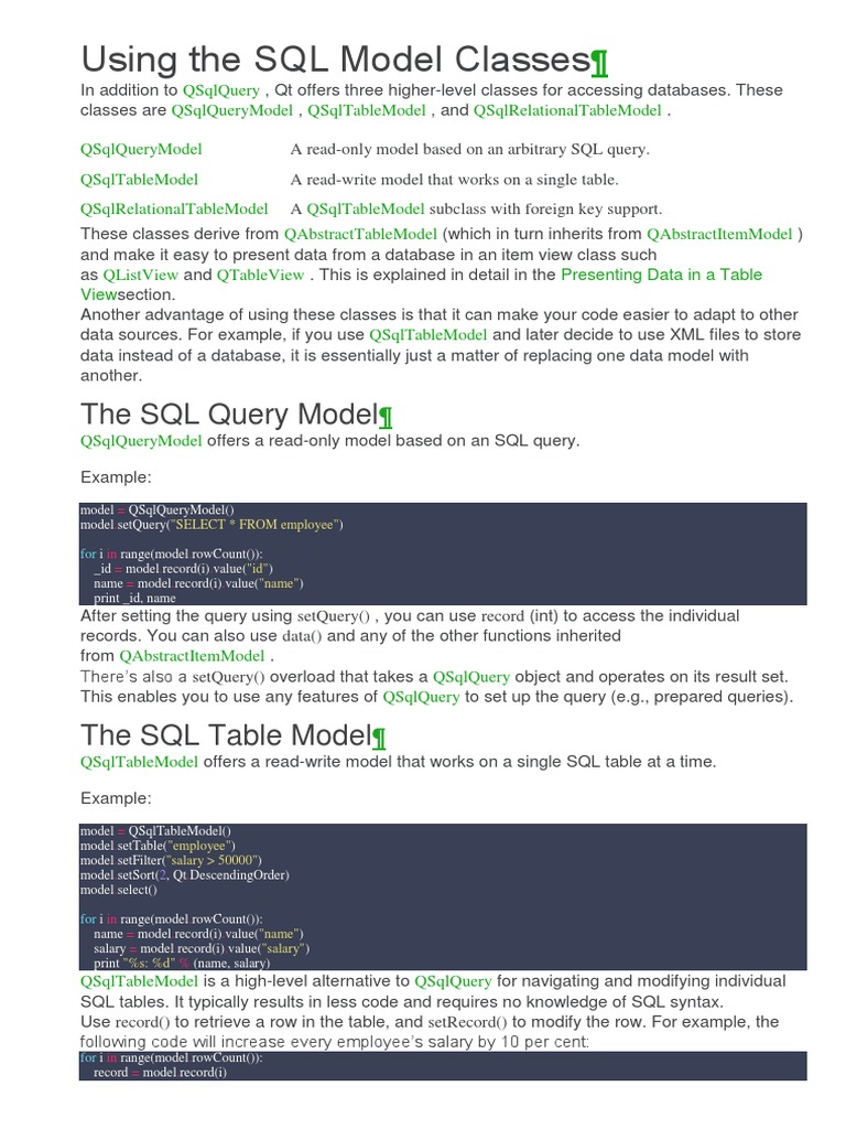 Using The SQL Model Classes | PDF | Table (Database) | Databases