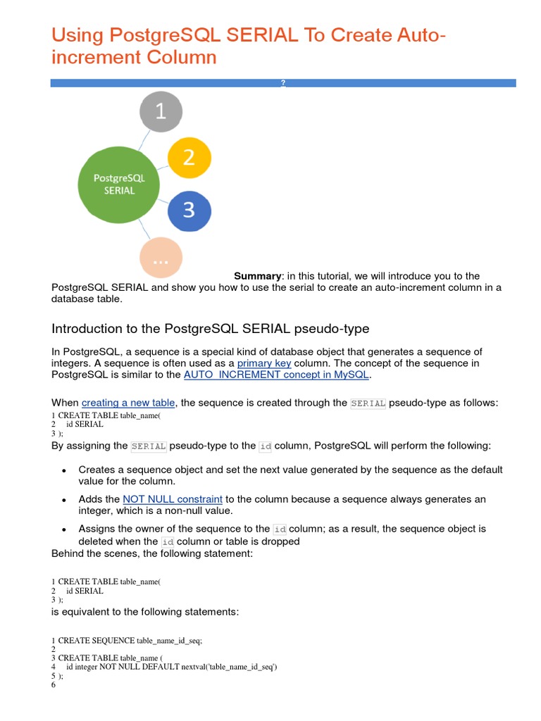 Using PostgreSQL SERIAL To Create Auto Increment Column | PDF | Data Management Software | Databases