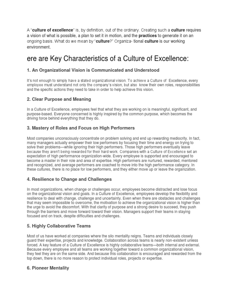 Ere Are Key Characteristics of A Culture of Excellence:: 1. An ...