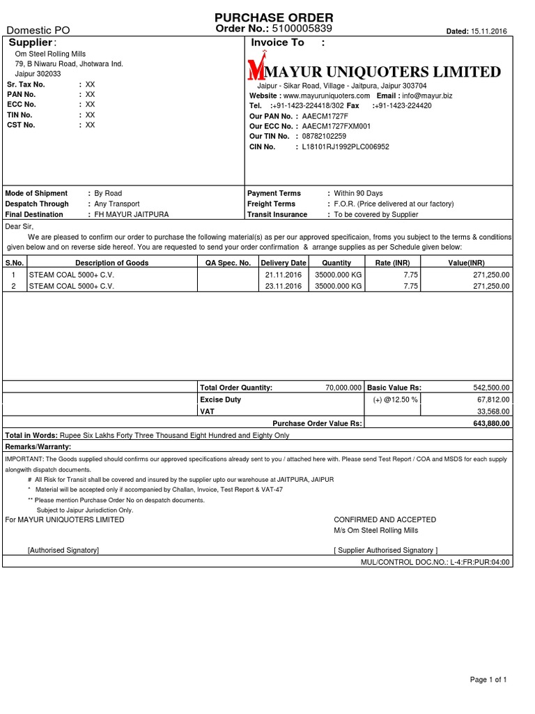 Purchase Order Fresh | PDF | Cargo | Services (Economics)