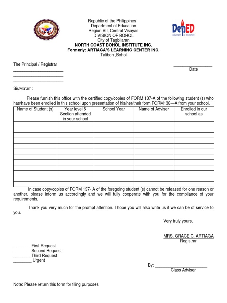 Request Form For Form137 | PDF | Philippines