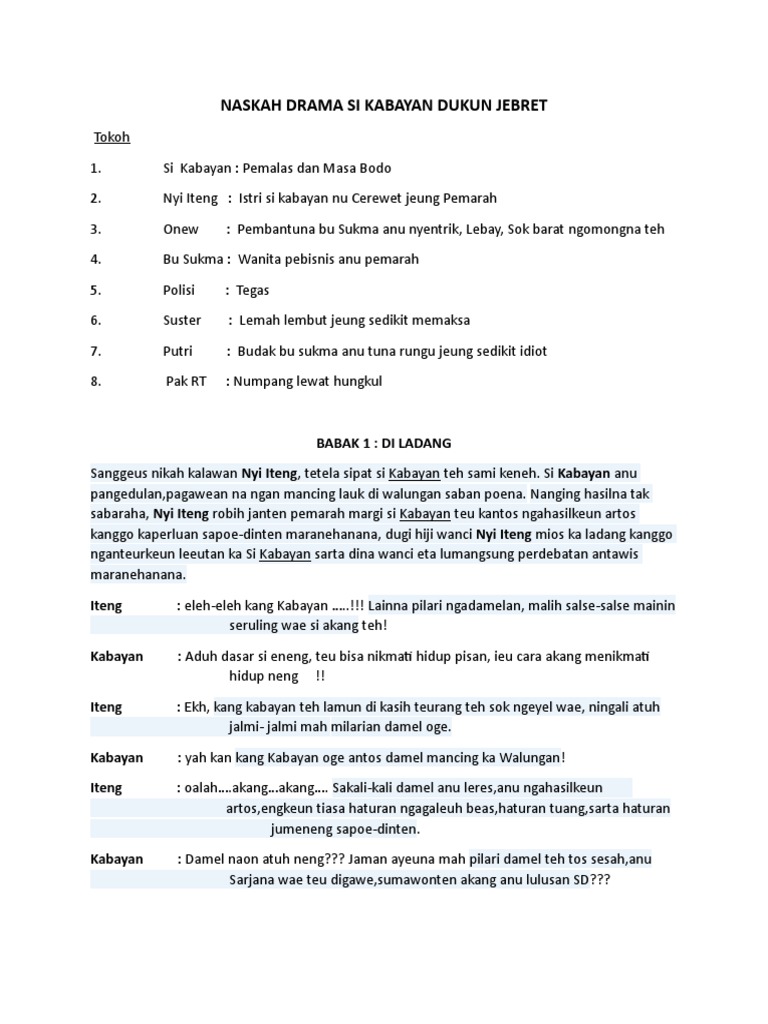Contoh Naskah Drama Sunda - Si Kabayan Dukun Jebret | PDF