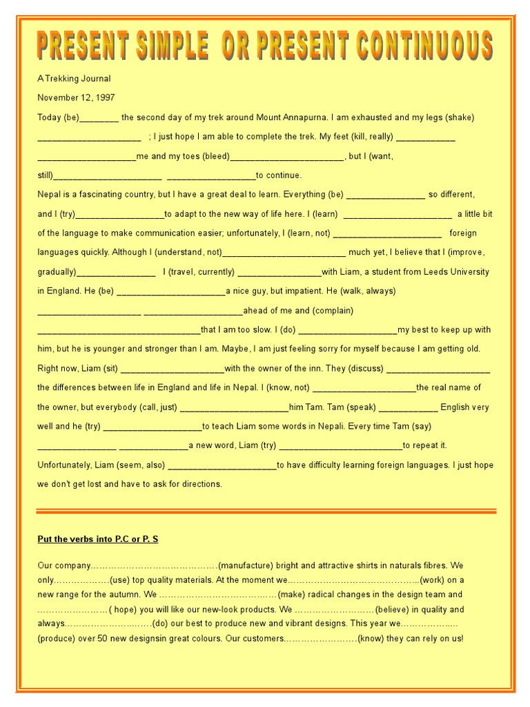 Present Simple Vs Present Continuous-Exercises | PDF | Linguistics ...