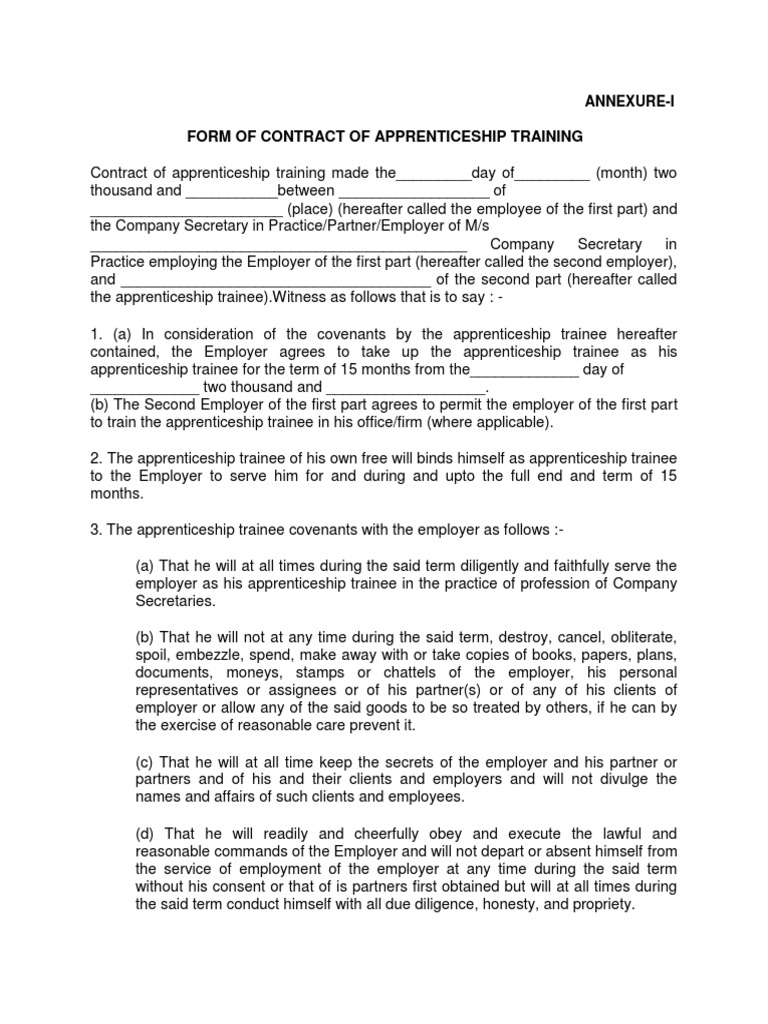 Form of Contract of Apprenticeship Training: Annexure-I | PDF ...