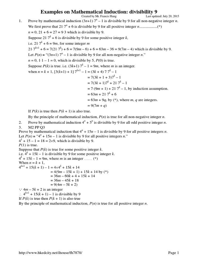 Examples On Mathematical Induction: Divisibility 9: Created by Mr ...