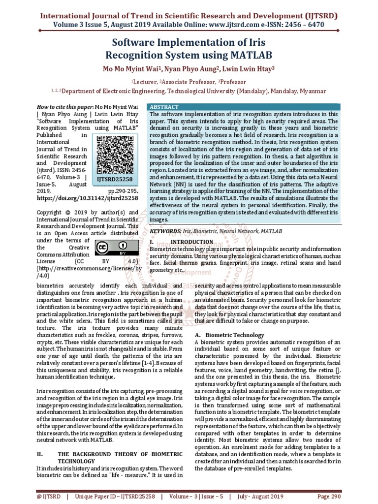 Software Implementation of Iris Recognition System Using MATLAB | PDF | Biometrics | Artificial ...
