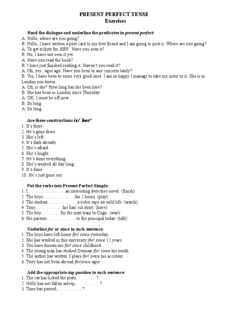 Present Perfect Tense Exercises: Read The Dialogue and Underline The ...