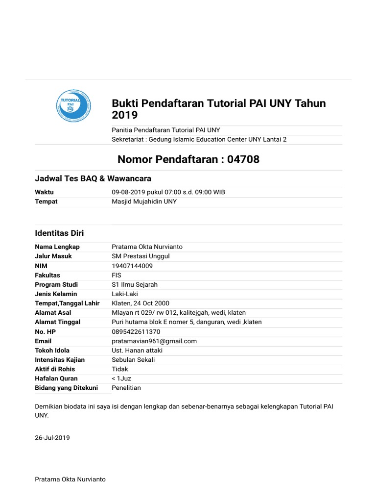 Pendaftaran Tutorial PAI UNY | PDF