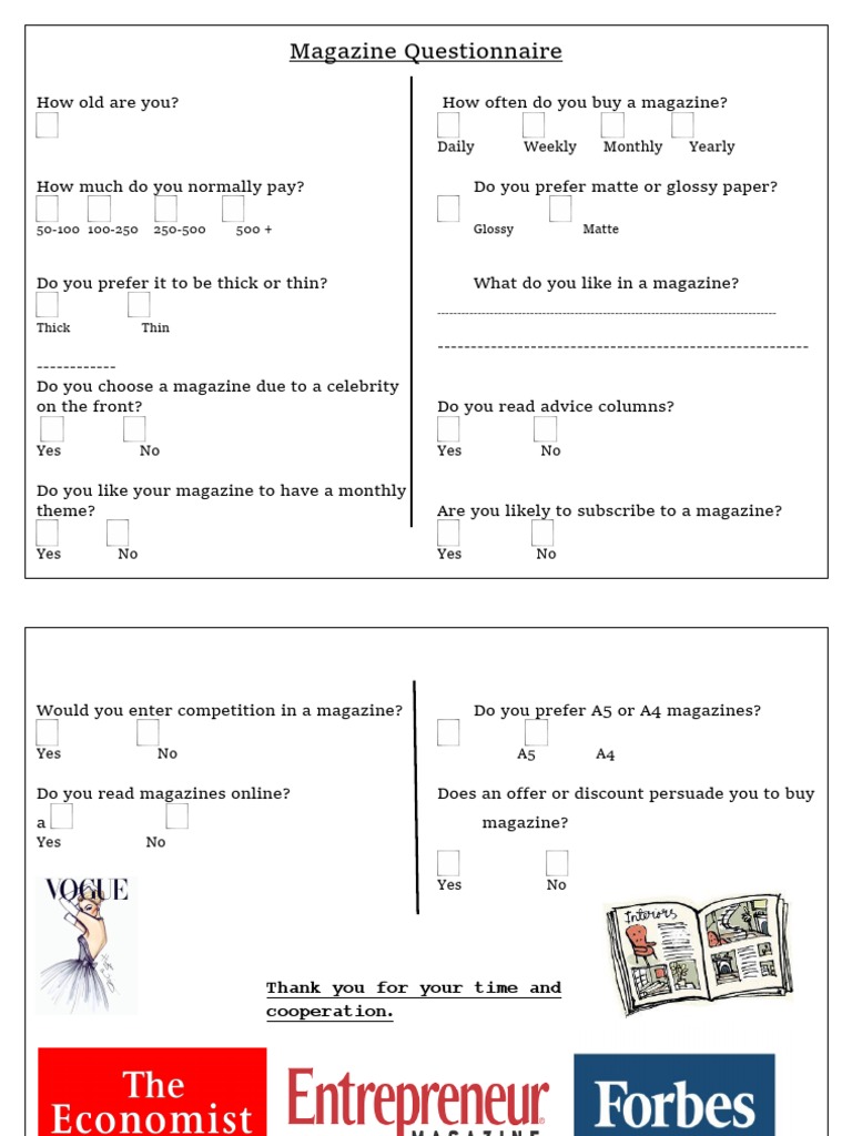 Magazine Questionnaire: Daily Weekly Monthly Yearly | PDF | Self ...