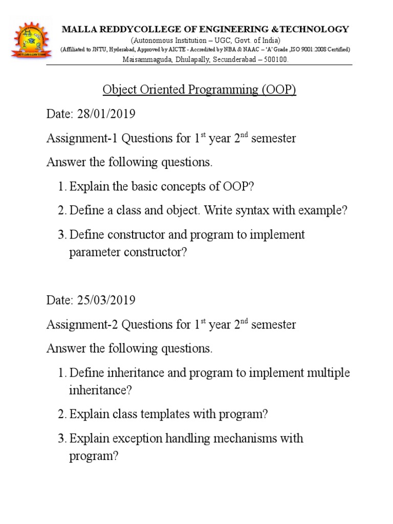 Oop Assignment Questions Pdf Object Oriented Programming Class Computer Programming 