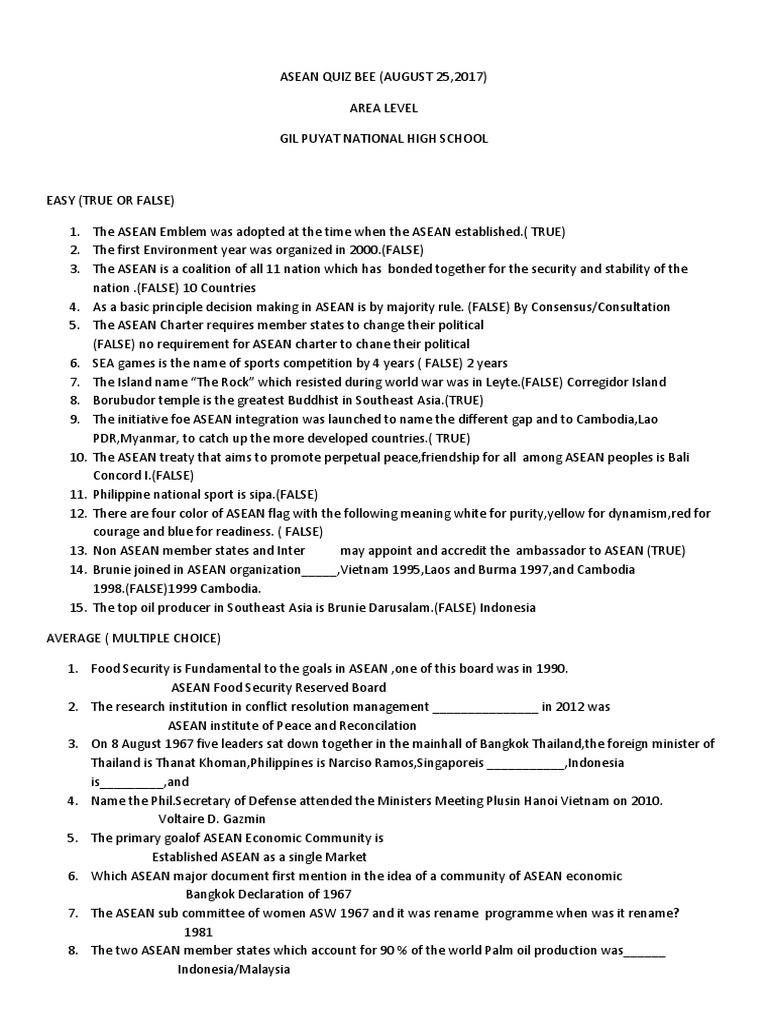 Asean Quiz Bee | PDF | Association Of Southeast Asian Nations | Foreign ...