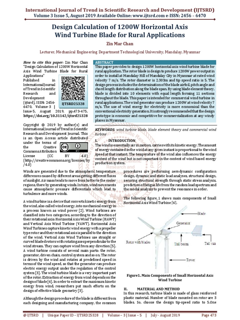 Design Calculation of 1200W Horizontal Axis Wind Turbine Blade For Rural Applications | PDF ...