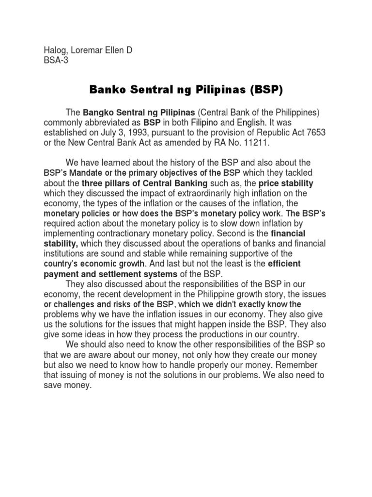 Banko Sentral NG Pilipinas (BSP) : Filipino English | PDF | Financial ...