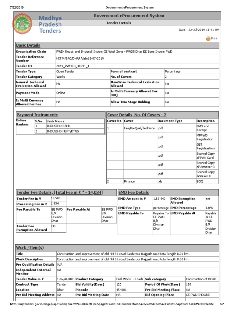 PWD NIT For MP Tender | PDF | Banking | Payments