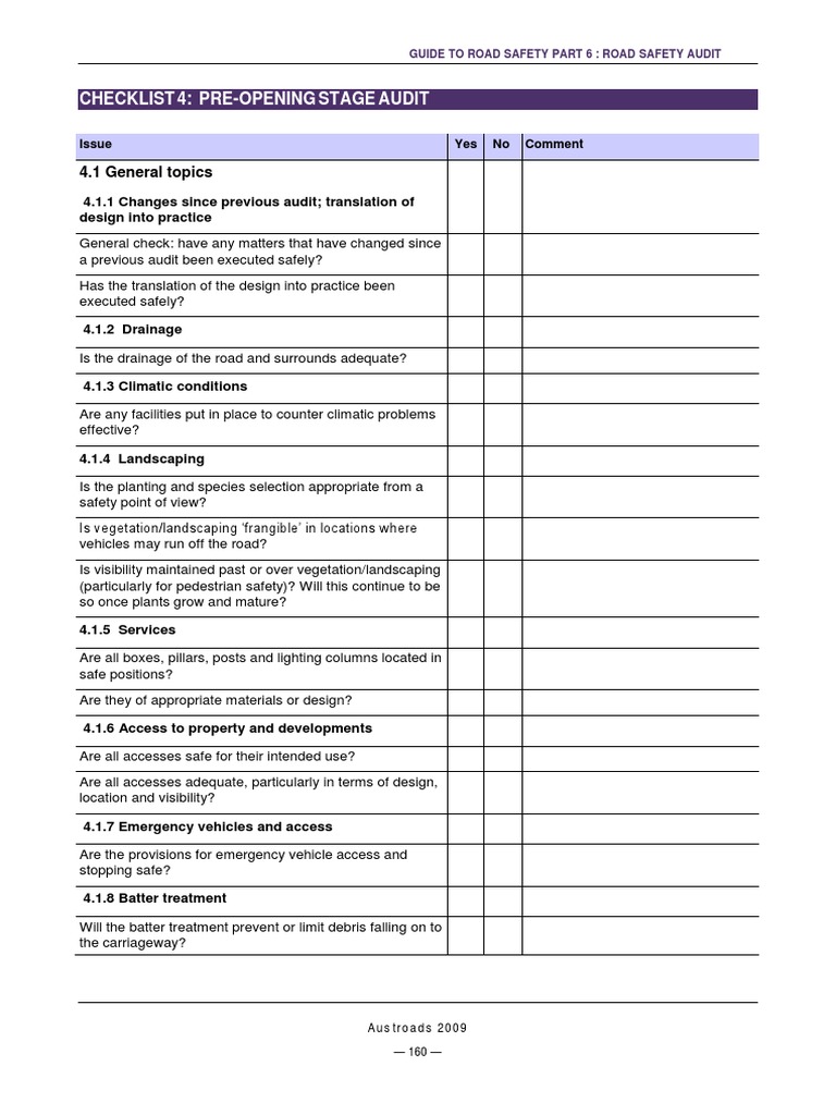 Pre Opening Stage Checklist | PDF | Road | Road Traffic Safety