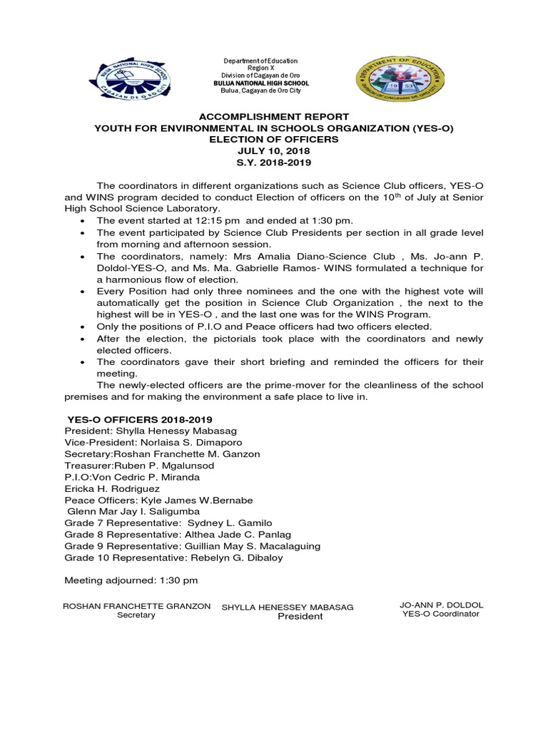 ACCOMPLISHMENT REPORT Yes o Election of Officers | PDF | Learning | Schools