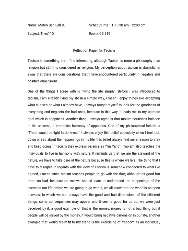 Taoism Reflection | PDF | Philosophical Theories | Metaphysics