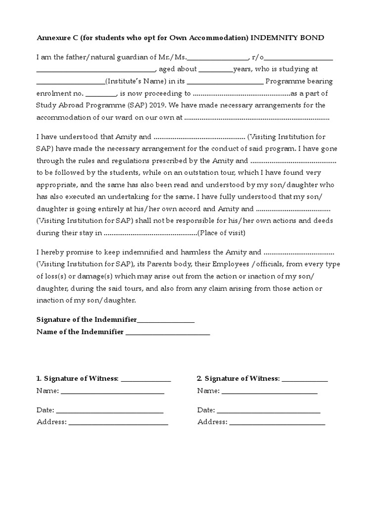 ANNEXURE C - Self Accommodation PDF | PDF | Indemnity | Private Law