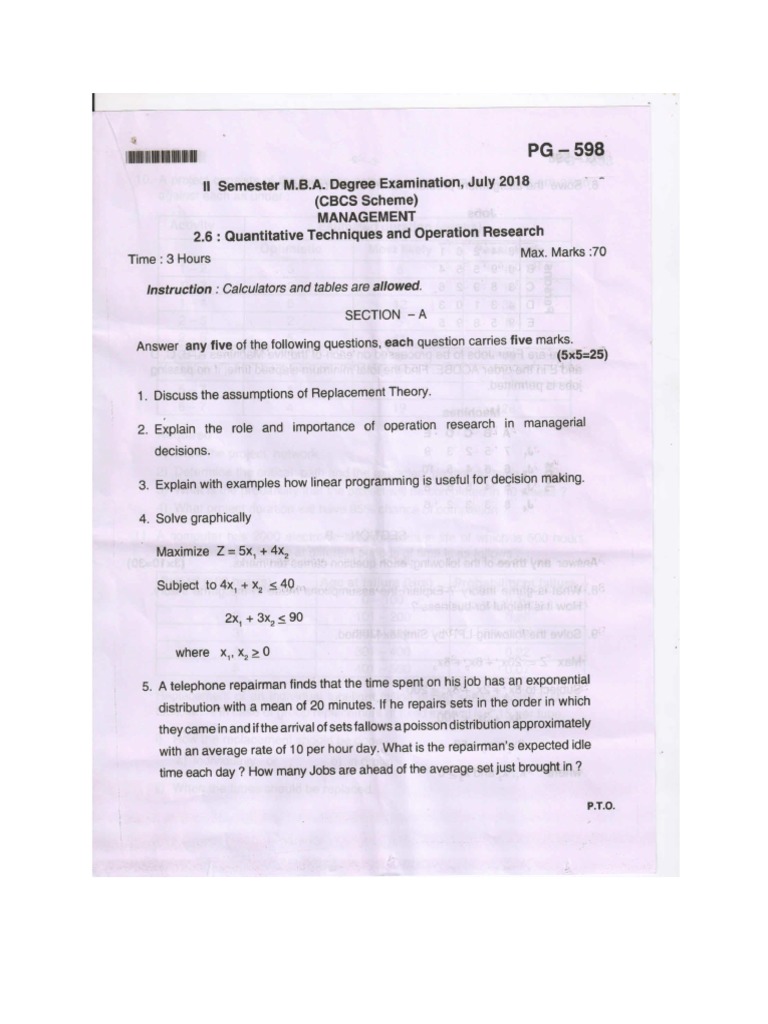 II Sem Mba Cbcs 2.6 Quantitative Techniques Operation Reserch | PDF