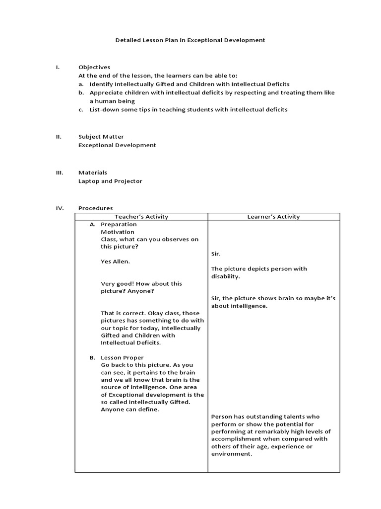 Detailed Lesson Plan in Exceptional Development | PDF | Intellectual ...