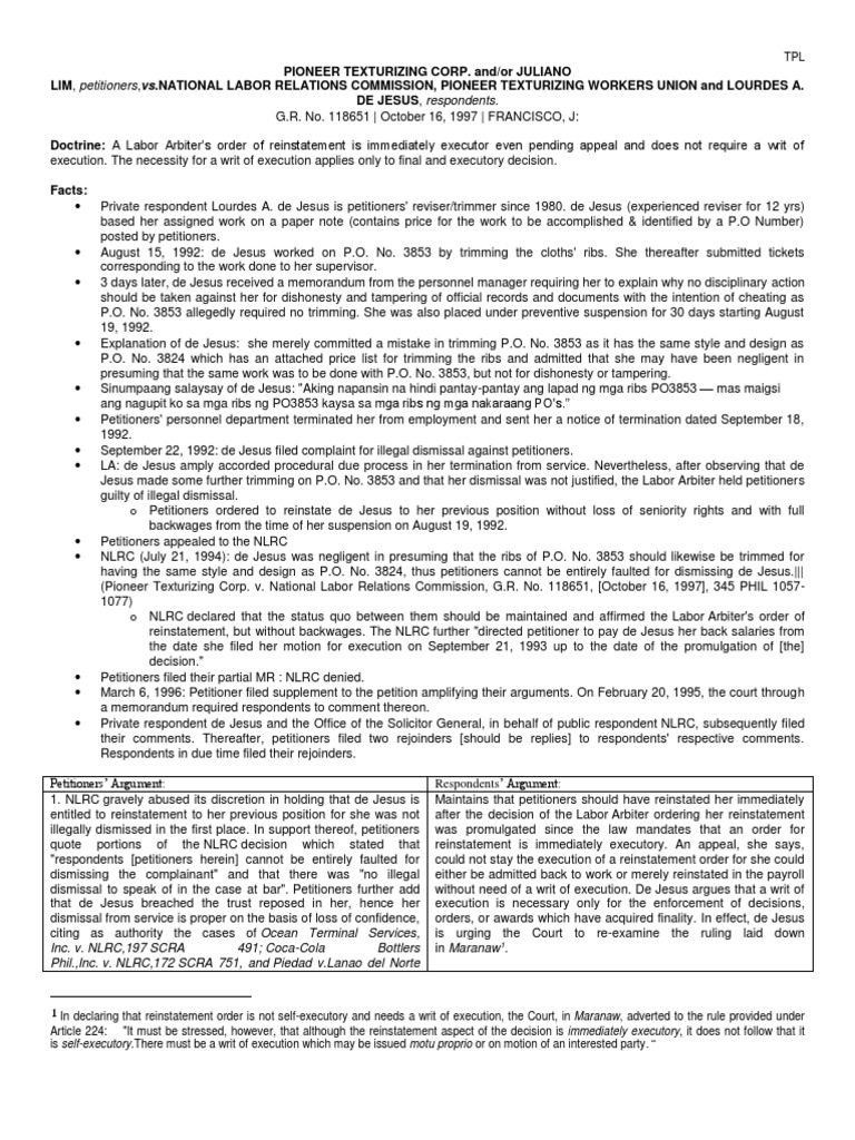 Pioneer Texturixing Corp. v. NLRC | PDF | Judgment (Law) | Arbitration