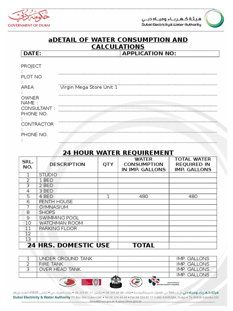 Water Consumption Calculation Sheet Dewa | PDF