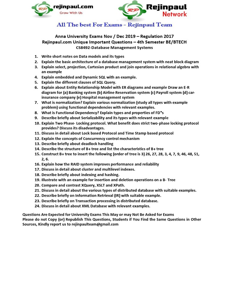 Anna University Exams Nov / Dec 2019 - Regulation 2017: CS8492-Database ... Anna University Exams Nov / Dec 2019 - Regulation 2017: CS8492-Database ...