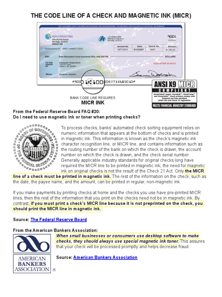 The Code Line of A Check and Magnetic Ink (Micr) | PDF