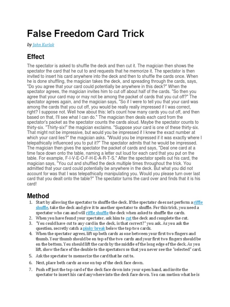 False Freedom Card Trick: Effect | PDF | Games Of Mental Skill ...