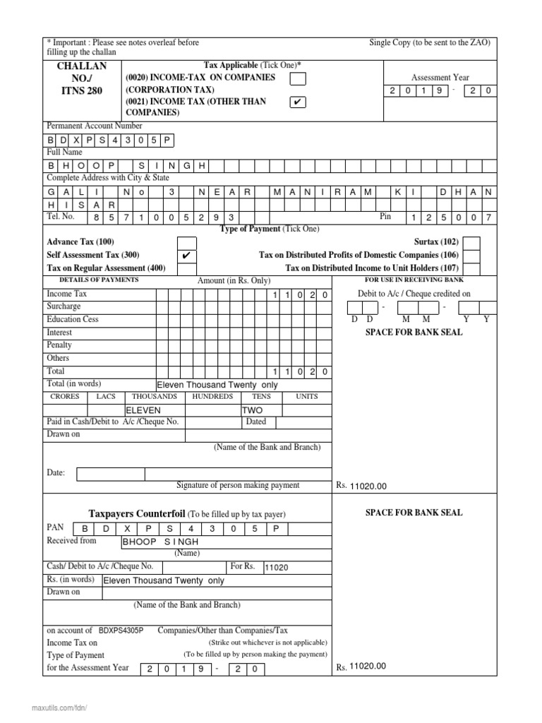ITNS 280 Challan for Income Tax Payment | PDF | Business
