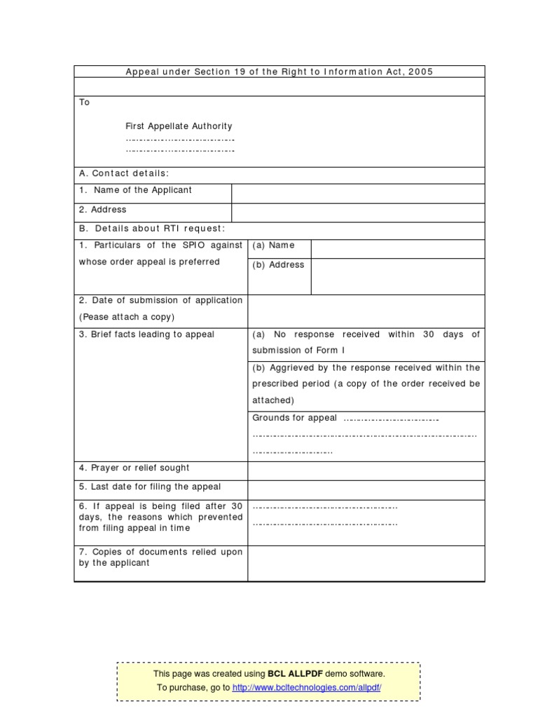 RTI First Appeal Format Template | PDF | Law