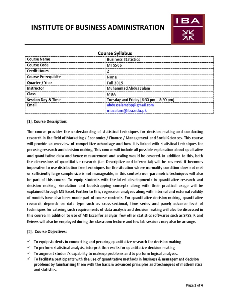 Business Statistics Course Syllabus Pdf Descriptive Statistics
