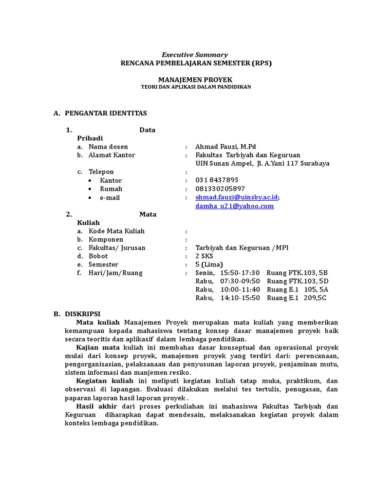 Executive Summary RPS Manajemen Proyek | PDF Executive Summary RPS Manajemen Proyek | PDF