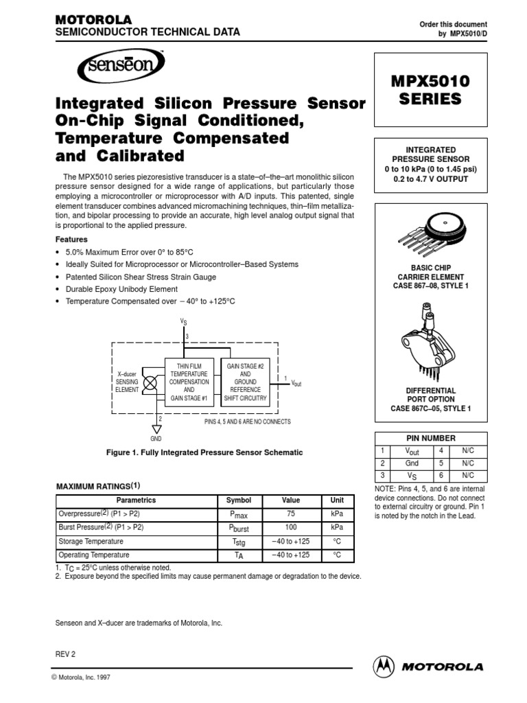 Motorola MPX5010DPIntegrated Pressure Sensor Datasheet | PDF | Sensor ...