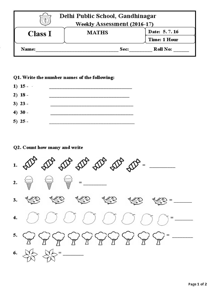 Class I: Delhi Public School, Gandhinagar Assessment | PDF | Teaching ...