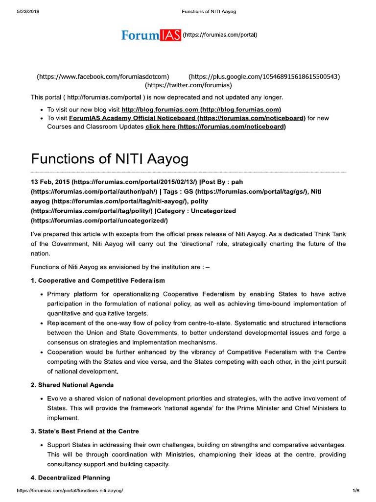 Niti Aayog Functions | PDF