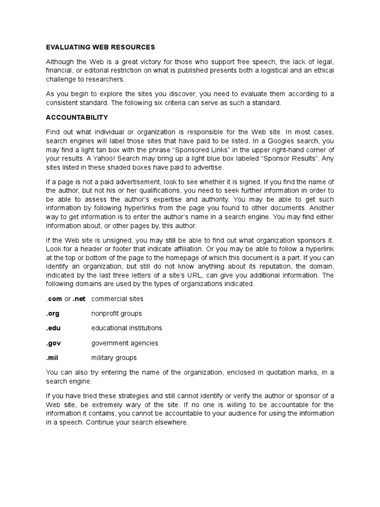 Evaluating Web Resources | Download Free PDF | World Wide Web | Internet & Web
