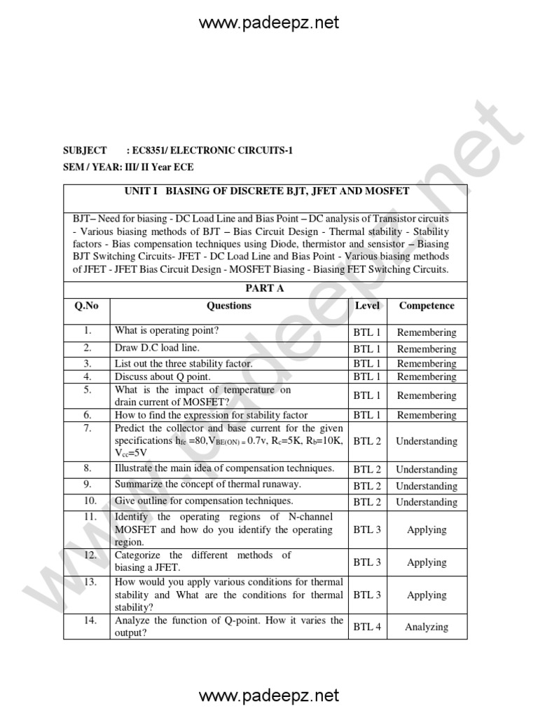EC8351 Electronic Circuits I IQ | PDF | Amplifier | Field Effect Transistor
